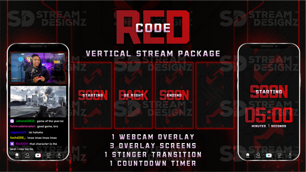 TikTok Vertical Stream Overlay Package - Code Red | Stream Designz