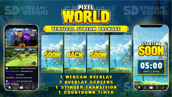 TikTok Vertical Stream Overlay Package - Pixel World | Stream Designz