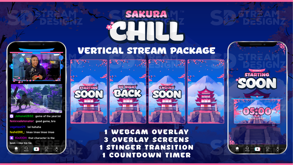 TikTok Vertical Stream Overlay Package - Sakura Chill | Stream Designz